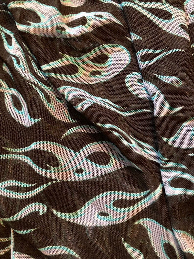 New Light Blue Flames Print on Black 4 Way Stretch Mesh Fabric | Etsy