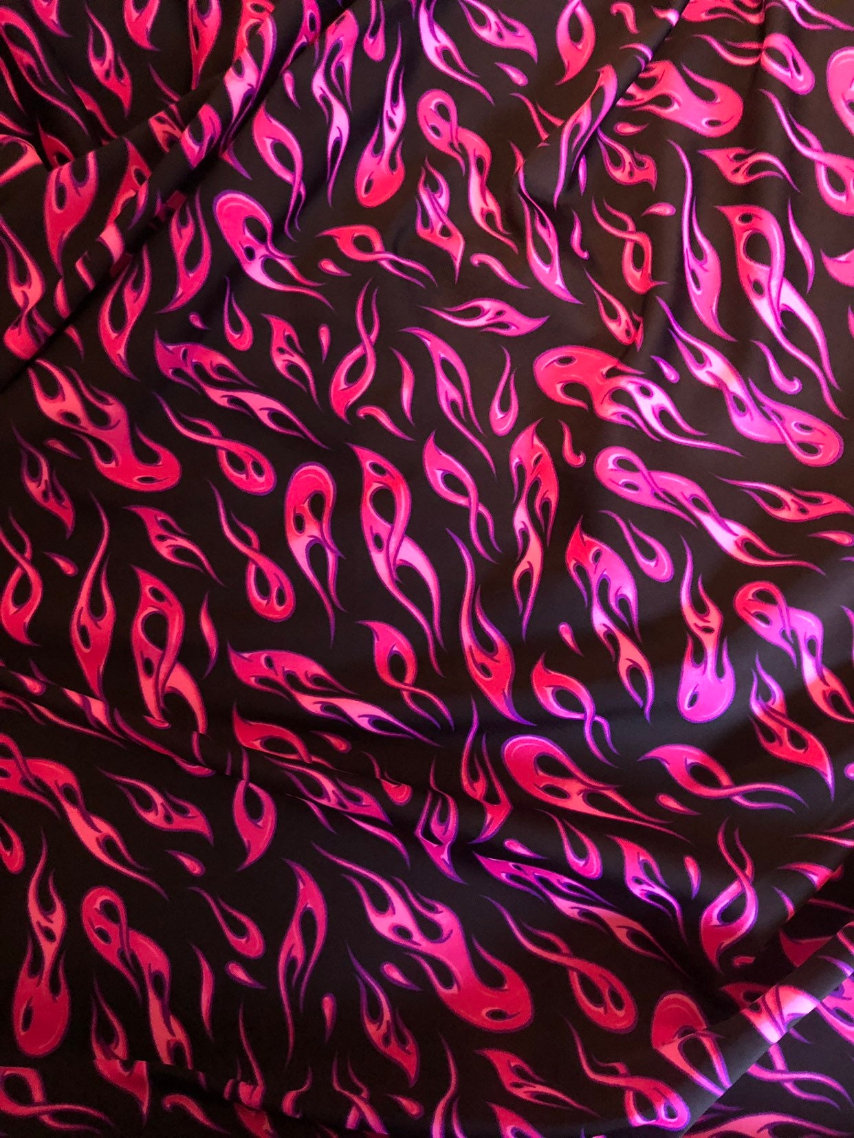 New Neon Pink Flames Print on Black 4 Way Stretch Nylon Spandex Fabric ...