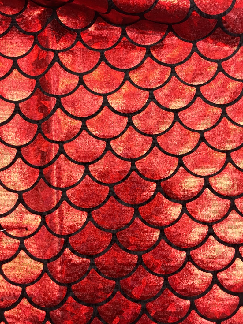 4 Way Stretch Mermaid Fish Scales Black/red Foil on Poly | Etsy