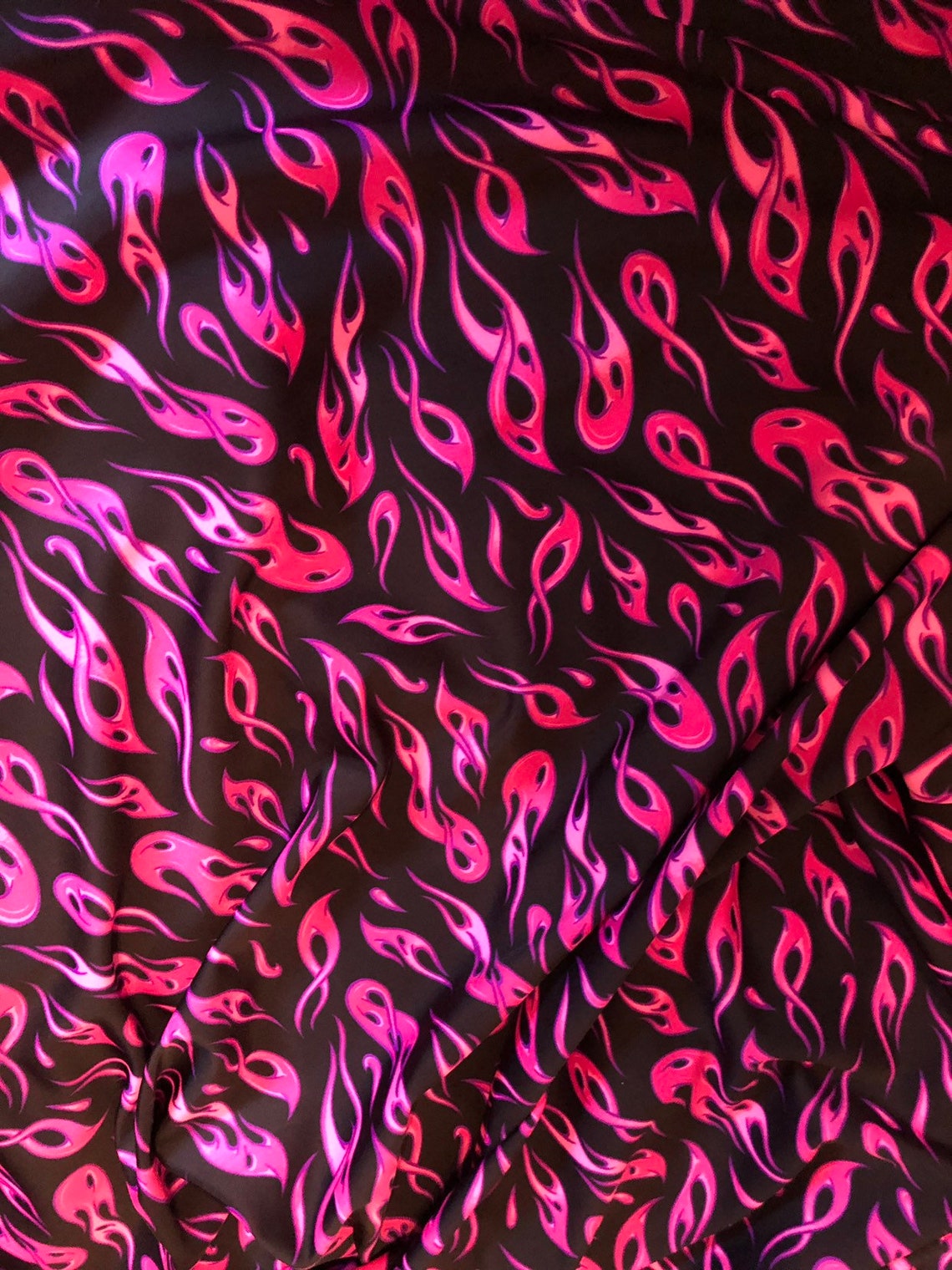 New Neon Pink Flames Print on Black 4 Way Stretch Nylon Spandex Fabric ...