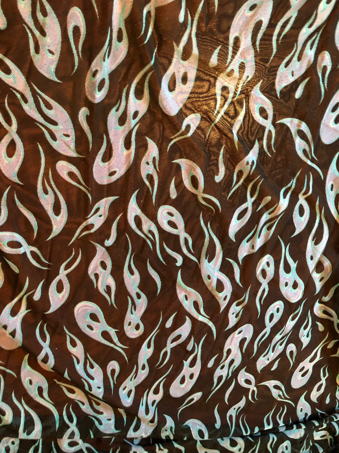 New Light Blue Flames Print on Black 4 Way Stretch Mesh Fabric Sold by ...