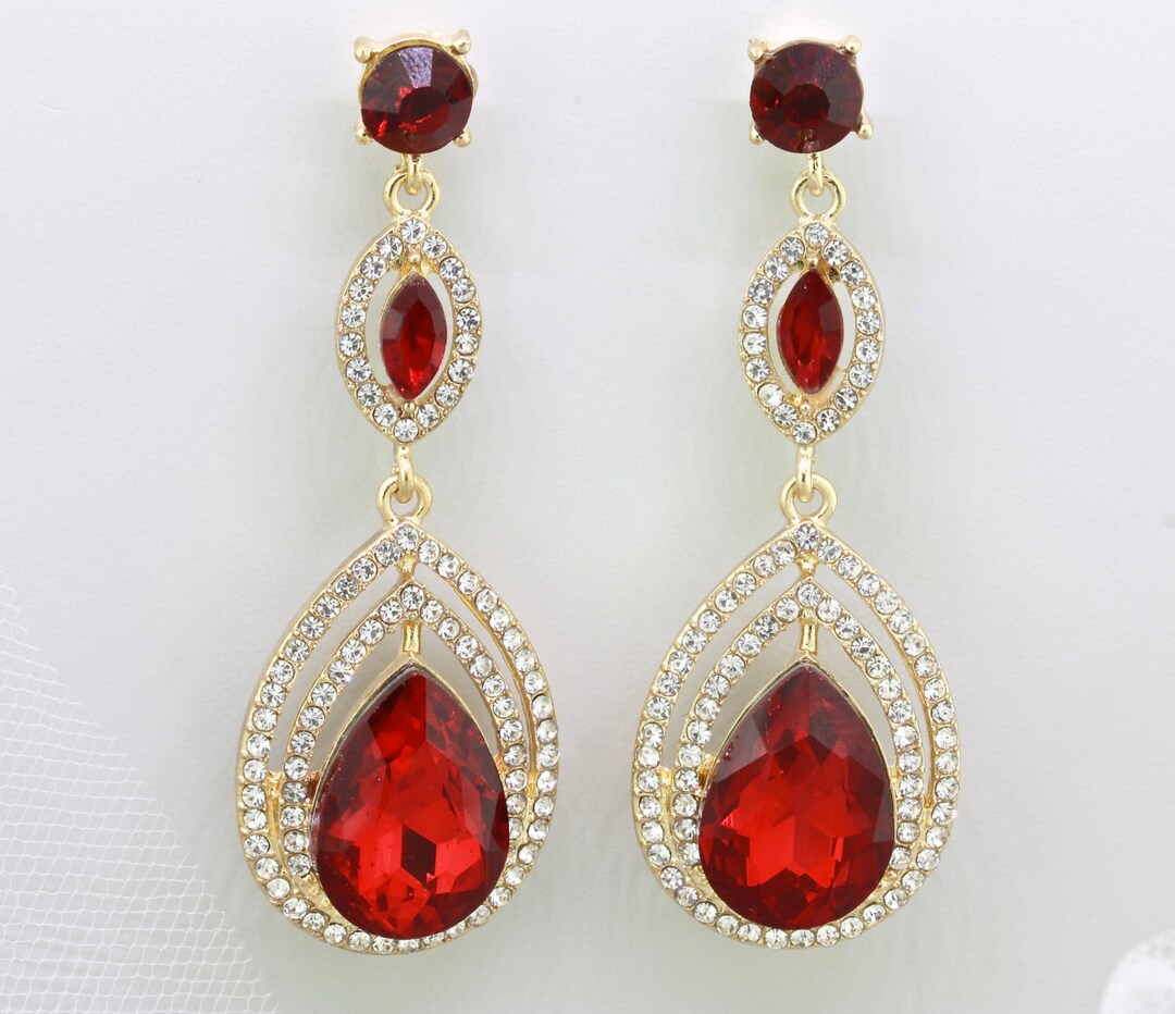 Red Ruby Earrings,bridal Ruby Red Tear Drop Chandelier Dangle Earrings ...