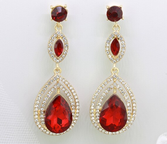 Red Ruby Earringsbridal Ruby Red Tear Drop Chandelier Dangle - Etsy