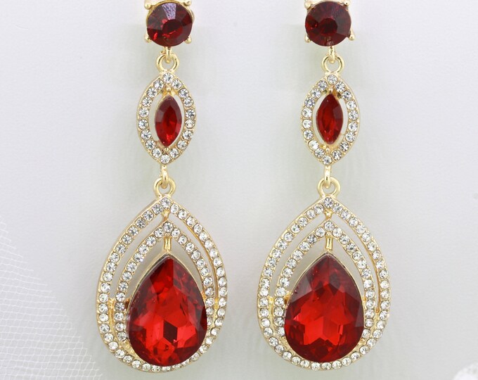Red Ruby Earrings,bridal Ruby Red Tear Drop Chandelier Dangle Earrings ...