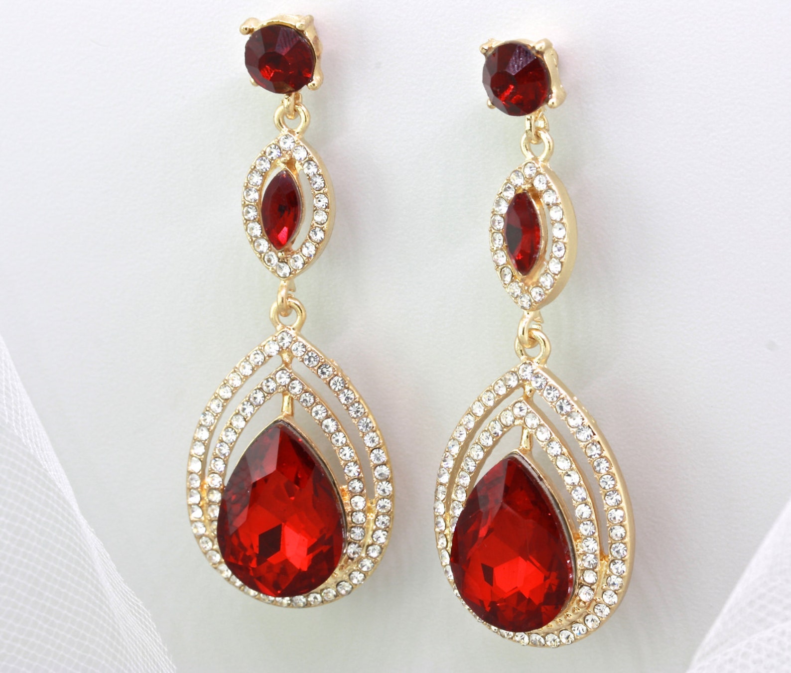 Red Ruby Earringsbridal Ruby Red Tear Drop Chandelier Dangle - Etsy