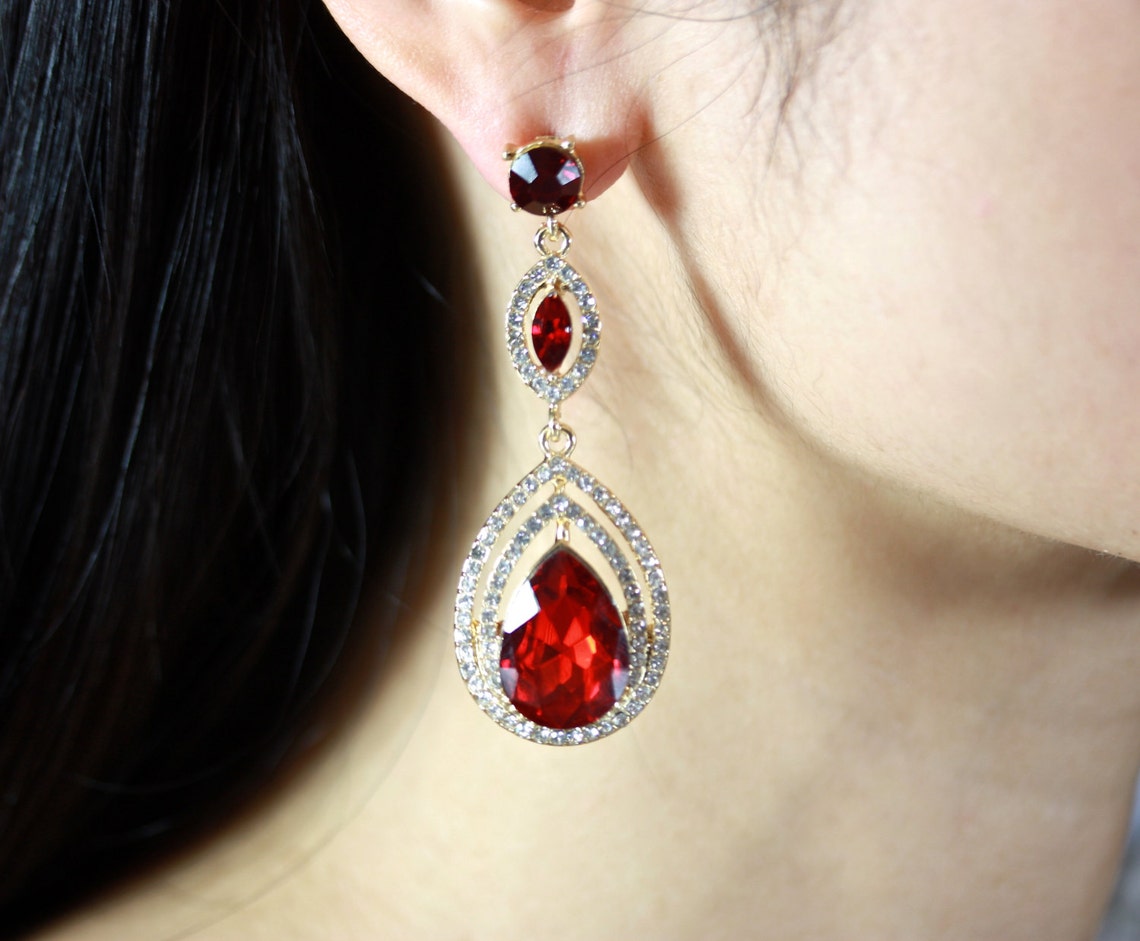 Red Ruby Earringsbridal Ruby Red Tear Drop Chandelier Dangle - Etsy