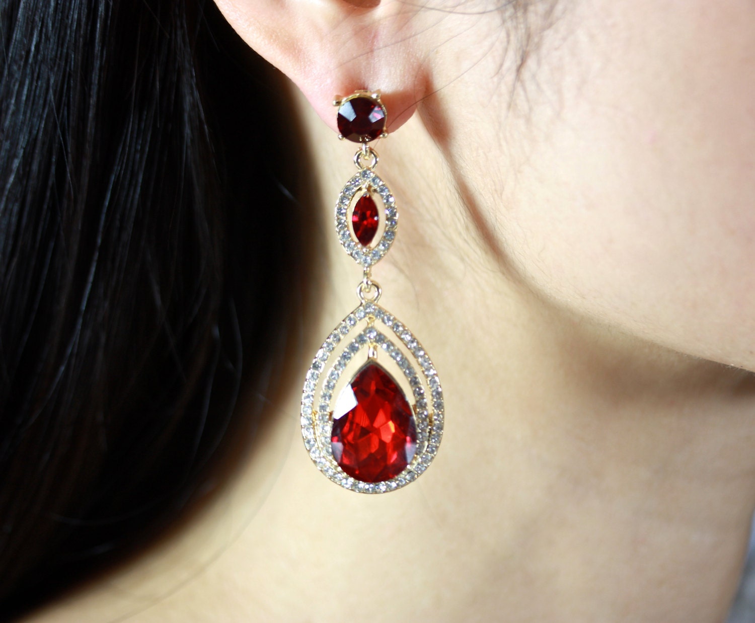 Red Ruby Earringsbridal Ruby Red Tear Drop Chandelier Dangle - Etsy