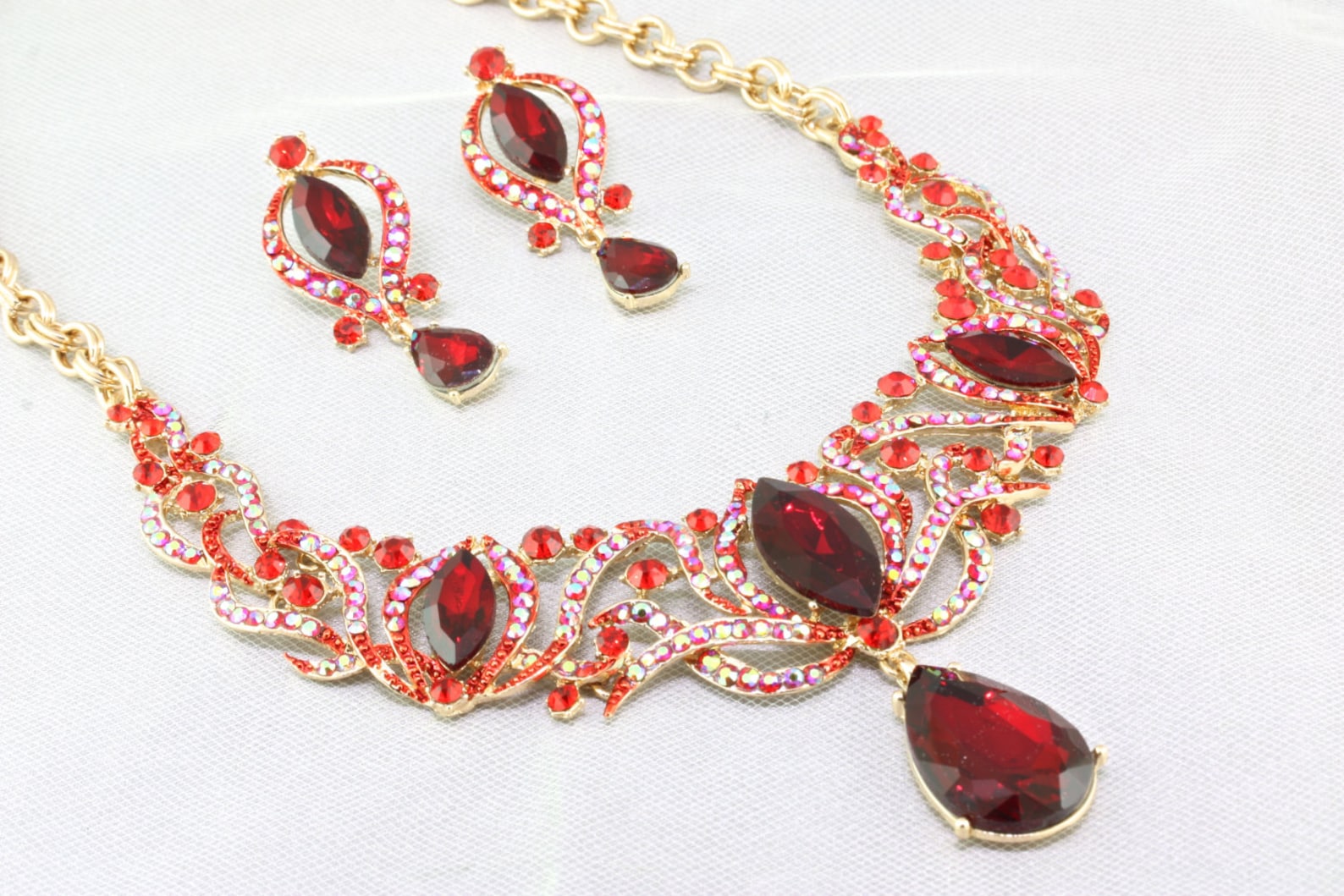 Ruby Red Crystal Necklace Setbridal Earrings Necklace Wedding - Etsy