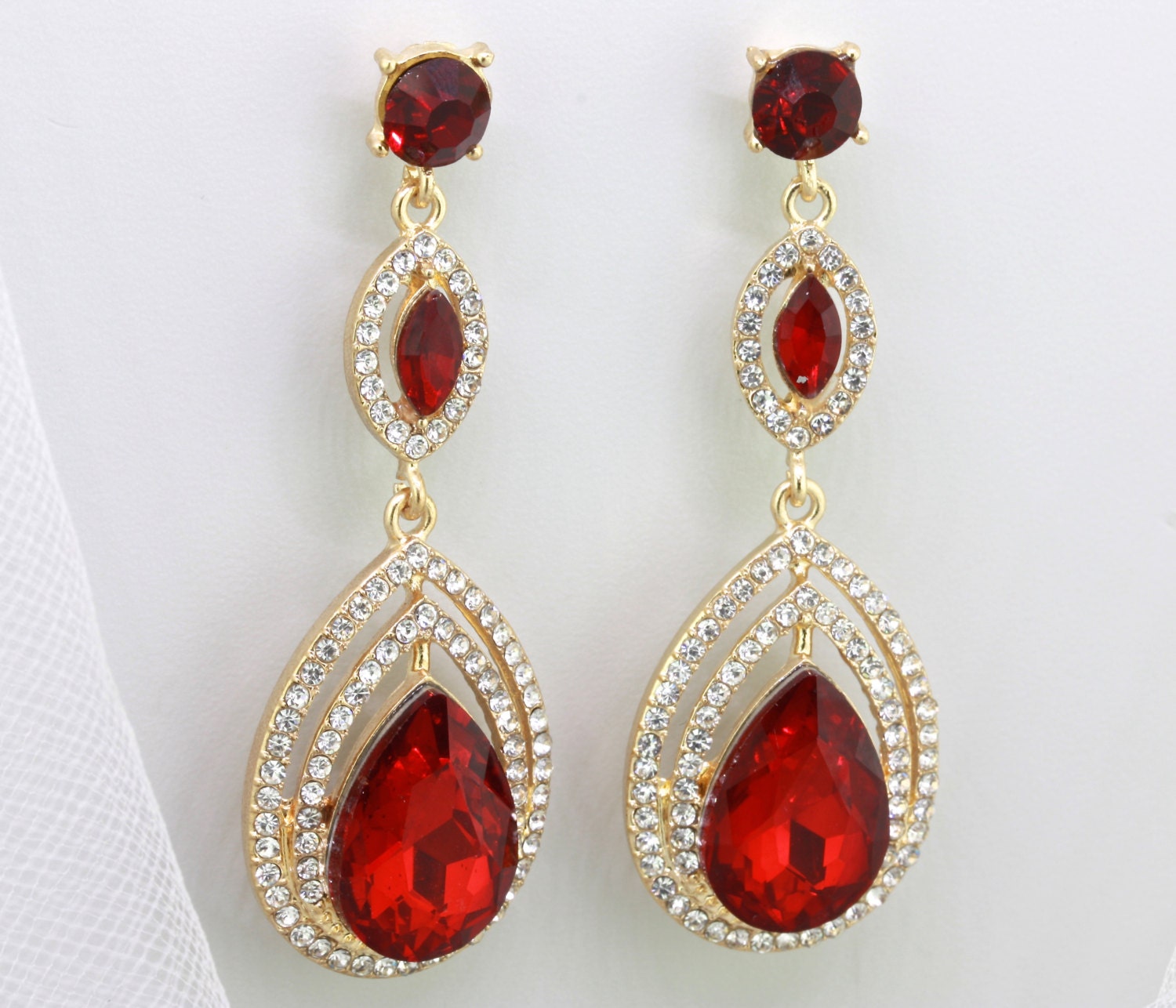 Red Ruby Earringsbridal Ruby Red Tear Drop Chandelier Dangle - Etsy