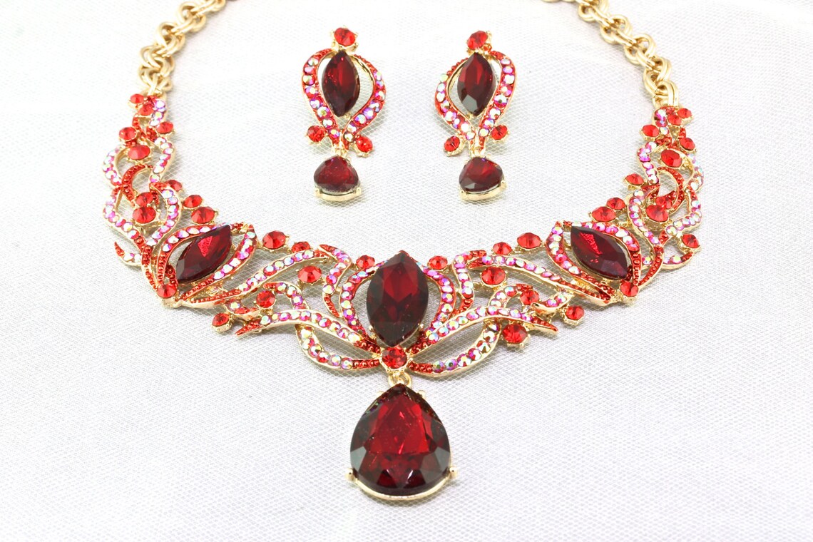 Ruby Red Crystal Necklace Setbridal Earrings Necklace Wedding - Etsy