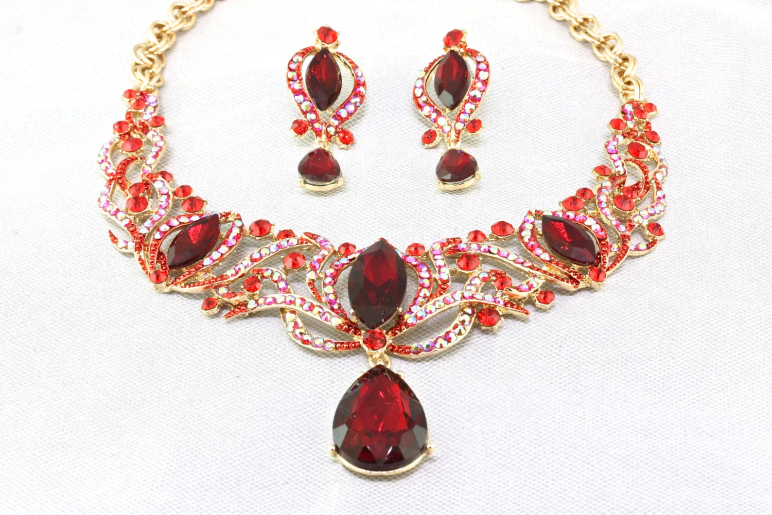 Ruby Red Crystal Necklace Setbridal Earrings Necklace Wedding - Etsy