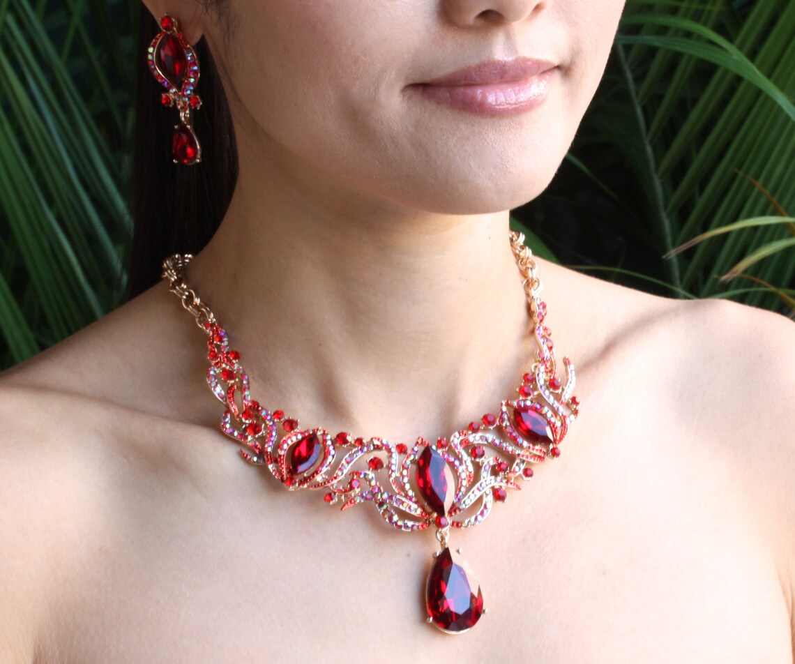 Ruby Red Crystal Necklace Setbridal Earrings Necklace Wedding - Etsy