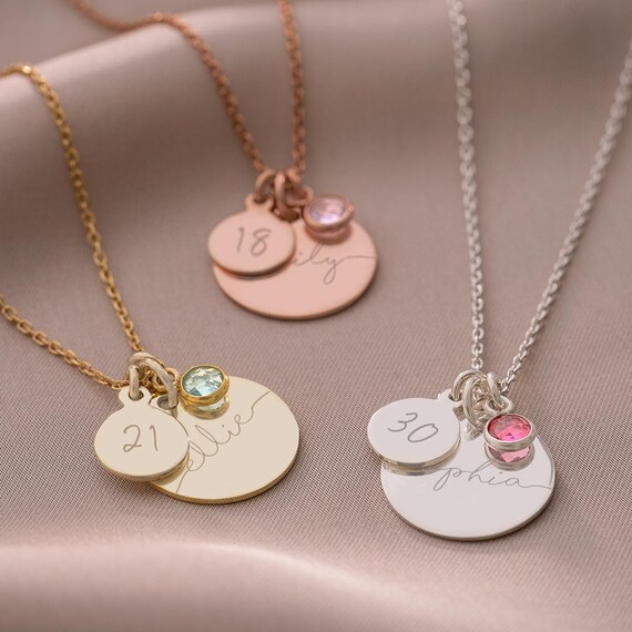 Sterling Silver Esme Birthday Disc and Birthstone Personalised Name Necklace Gift for Her Birthday Gift Bloom Boutique Etsy