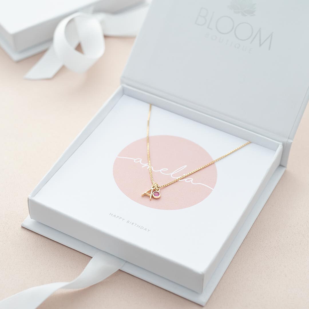 Sterling Silver Mini Letter and Birthstone Personalised Necklace Initial Jewellery Gift for Her Wedding Gift Bloom Boutique