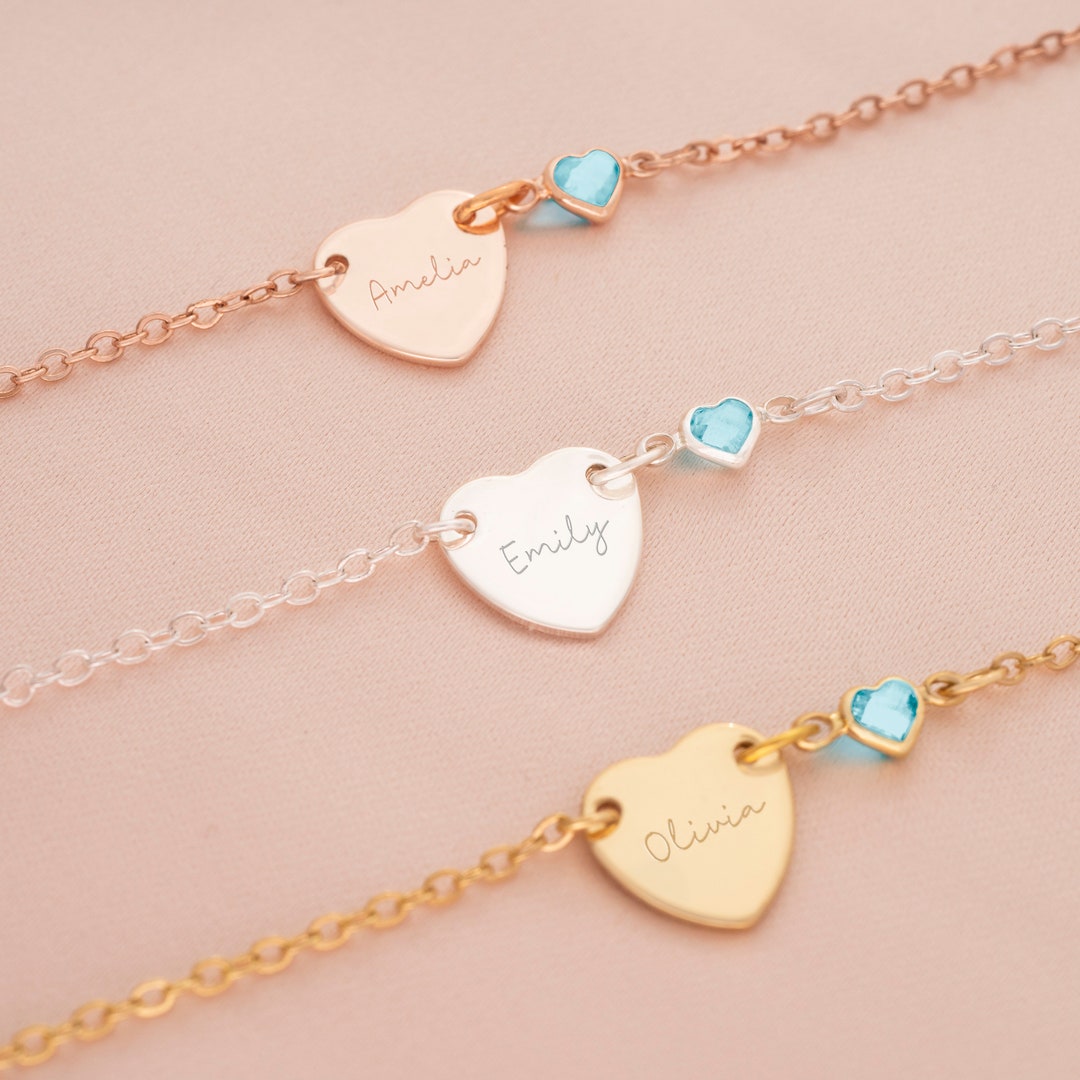 Chloe Heart and March Heart Birthstone Personalised Bracelet Friendship ...