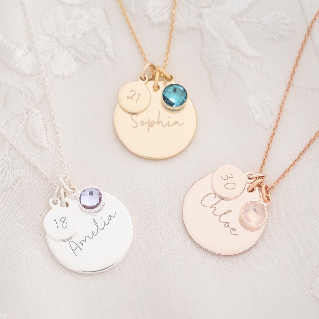 Personalised Birthday Disc Name Necklace Birthstone - Etsy UK