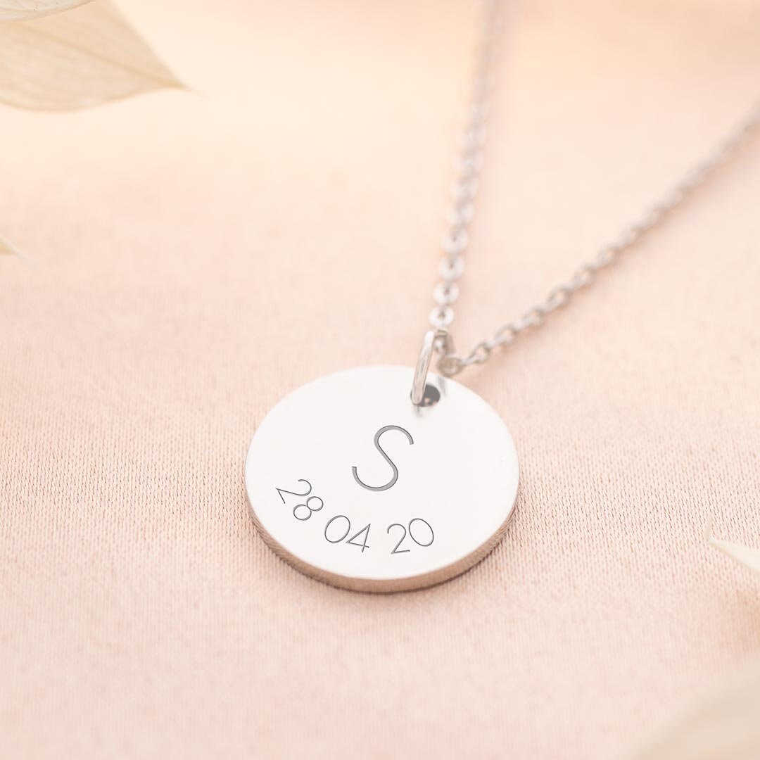 Silver Asta Initial and Date Personalised Necklace Stainless Steel Gift ...