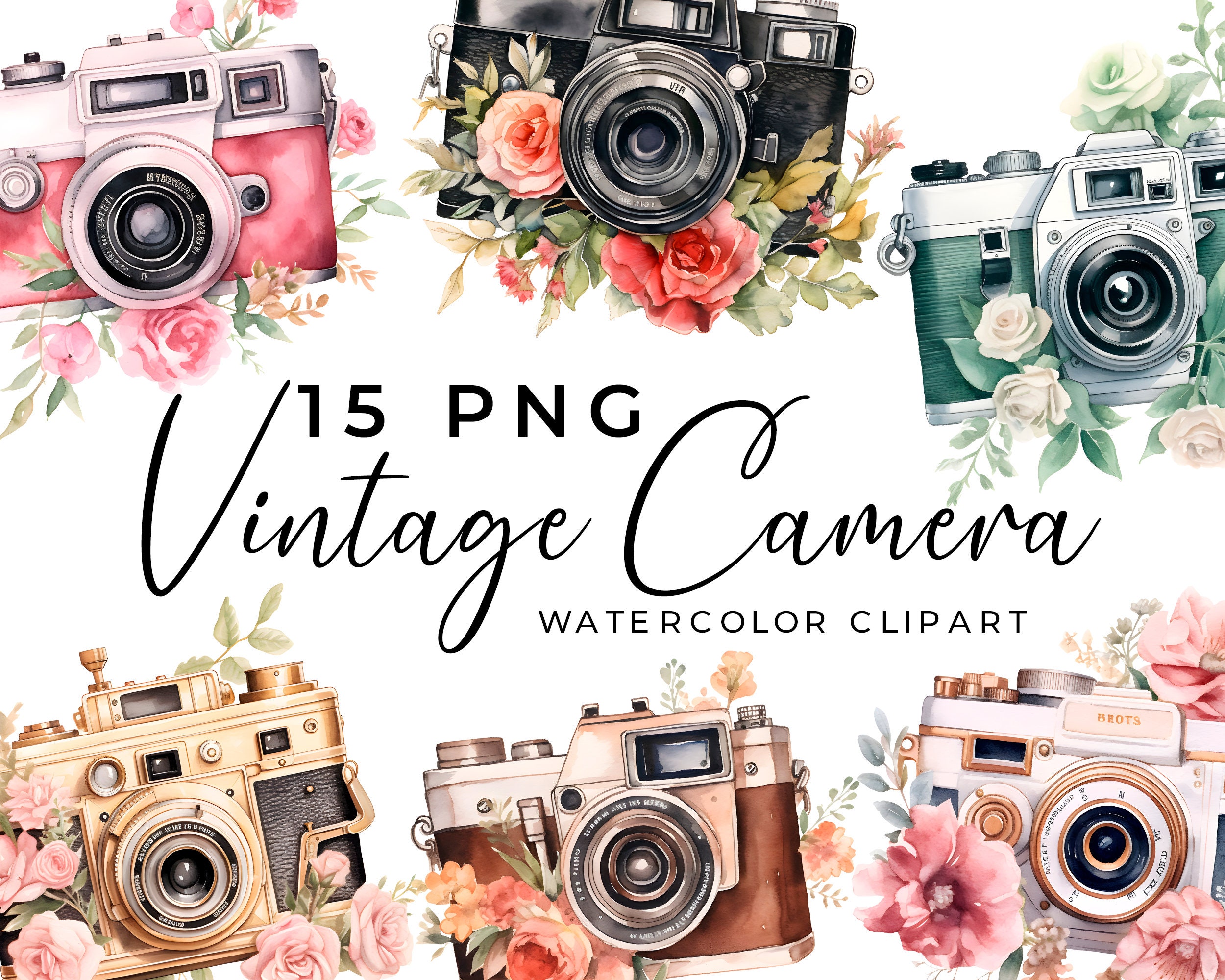 Vintage Camera Watercolor Clipart 15 Floral Vintage Cameras - Etsy