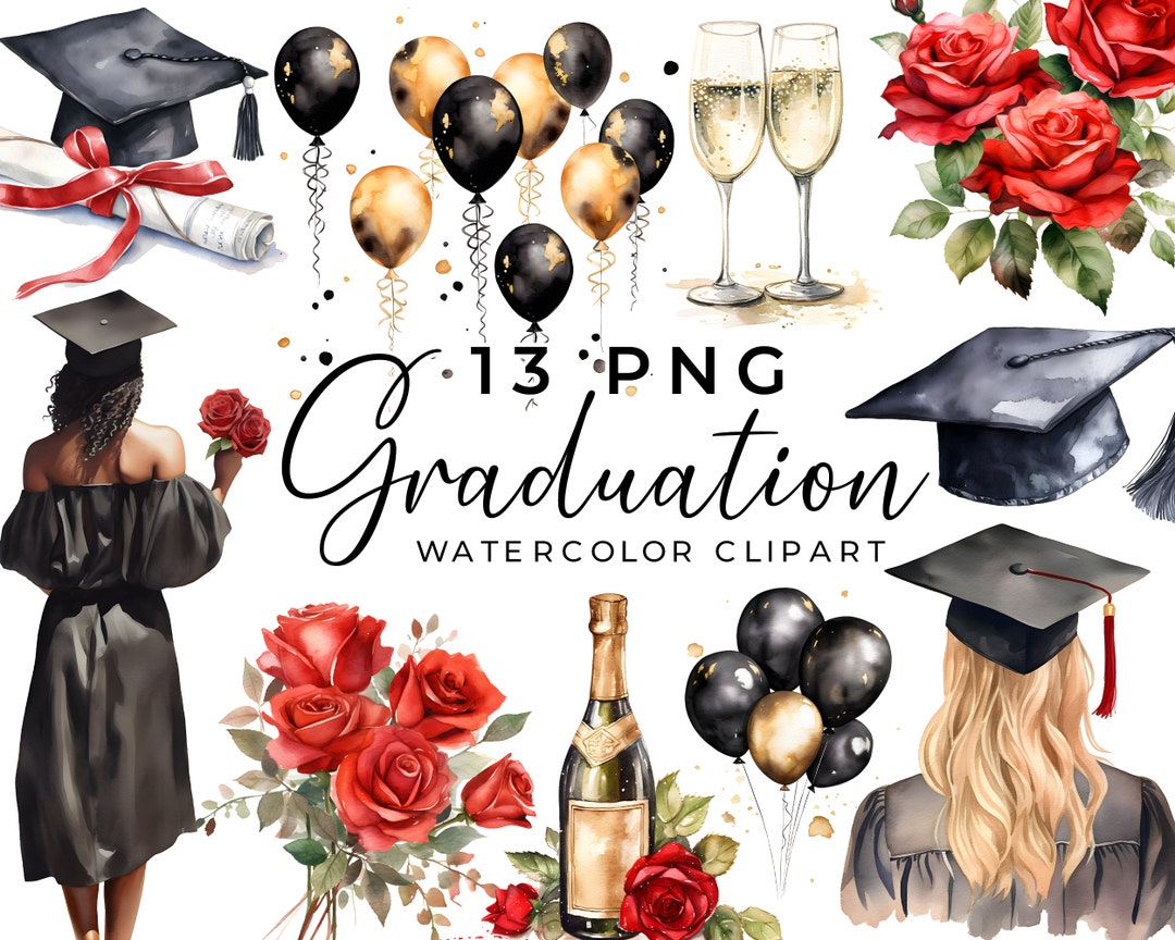 Graduation Watercolor Clipart, 13 Graduate Png, Graduation Cap, Red ...