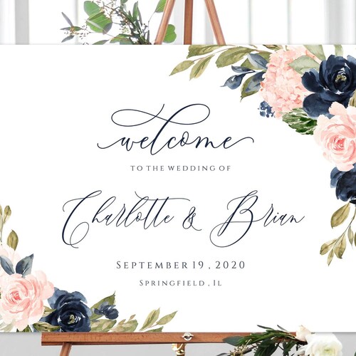 Navy and Blush Wedding Welcome Sign Template Blue and Pink - Etsy