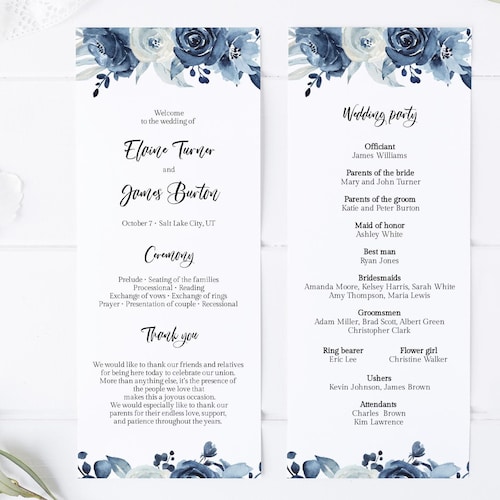 Blue and Silver Wedding Program Template Editable Printable - Etsy