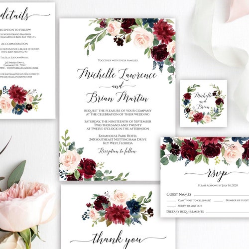 Burgundy Wedding Invitation Set Printable Wedding Invitation - Etsy