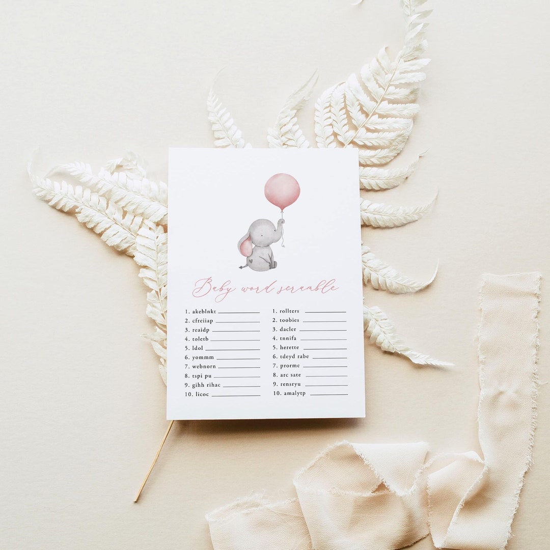 PRINTED Baby Word Scramble Girl Baby Shower Game Elephant Word Scramble ...