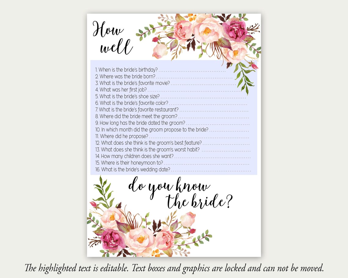 How Well Do You Know the Bride, Editable Game, PDF Template, Bridal ...