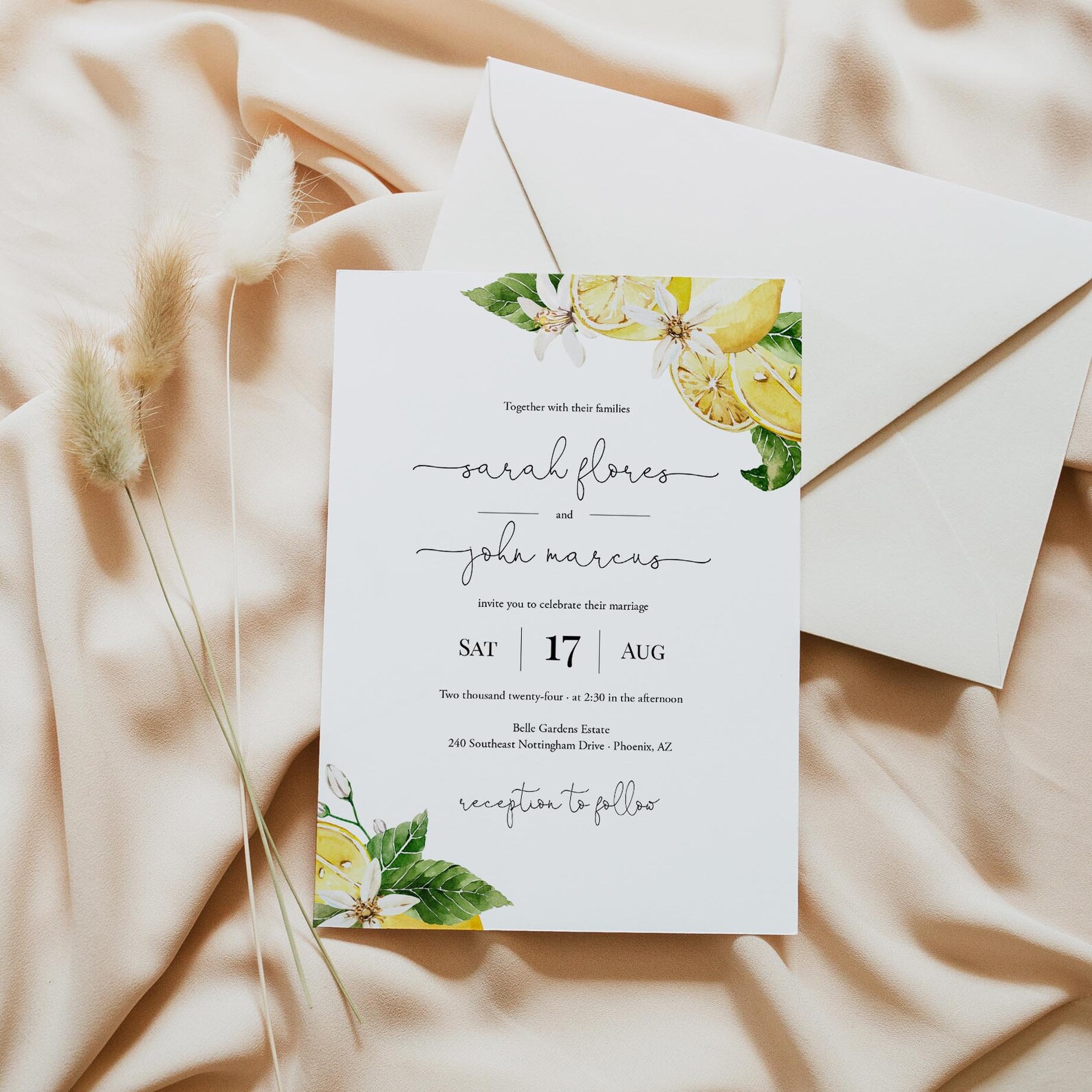 Lemon Wedding Invitation Set, Printable Citrus Invitation Template ...