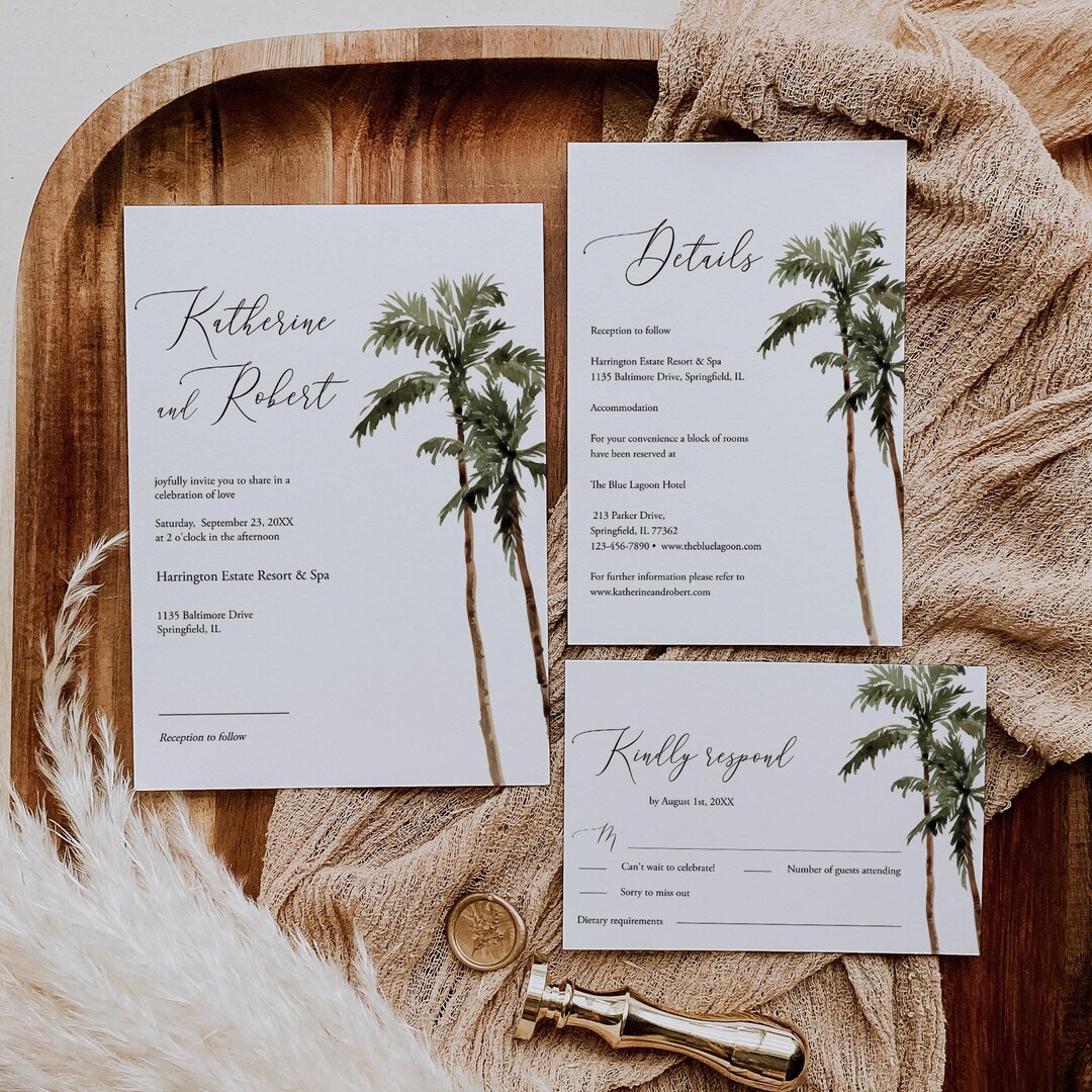 Tropical Wedding Invitation Template, Palm Tree Invitation Suite ...