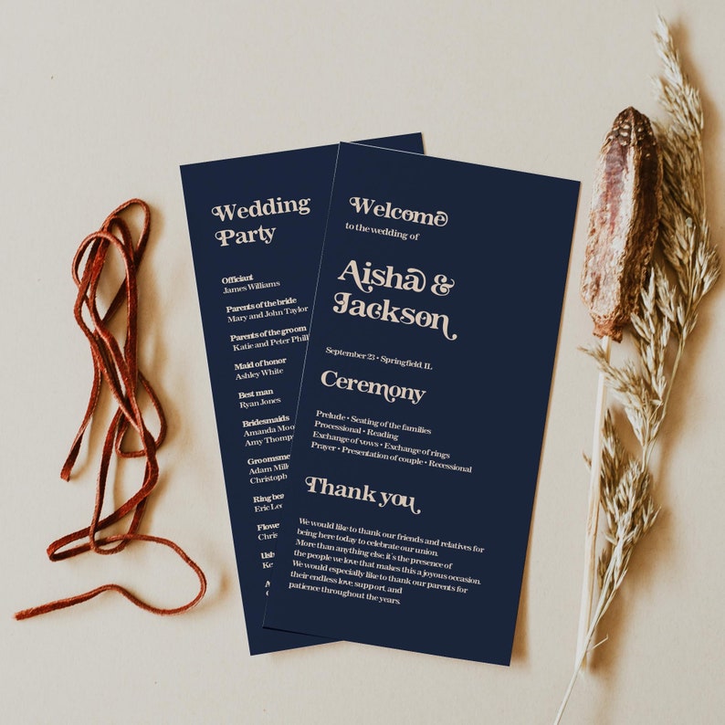 Navy Wedding Program Template Retro Editable Printable | Etsy