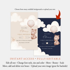 Birthday Invitation Template, Bear Birthday Invite Editable, Printable ...