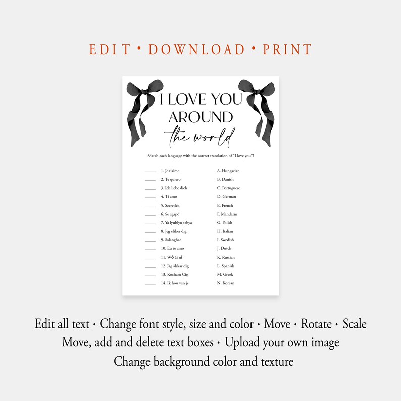 I Love You Around the World Game Black Bow Bridal Shower Game Ribbon I ...