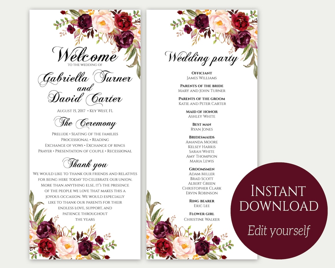 Wedding Program Template, Ceremony Template, Wedding Program Printable ...