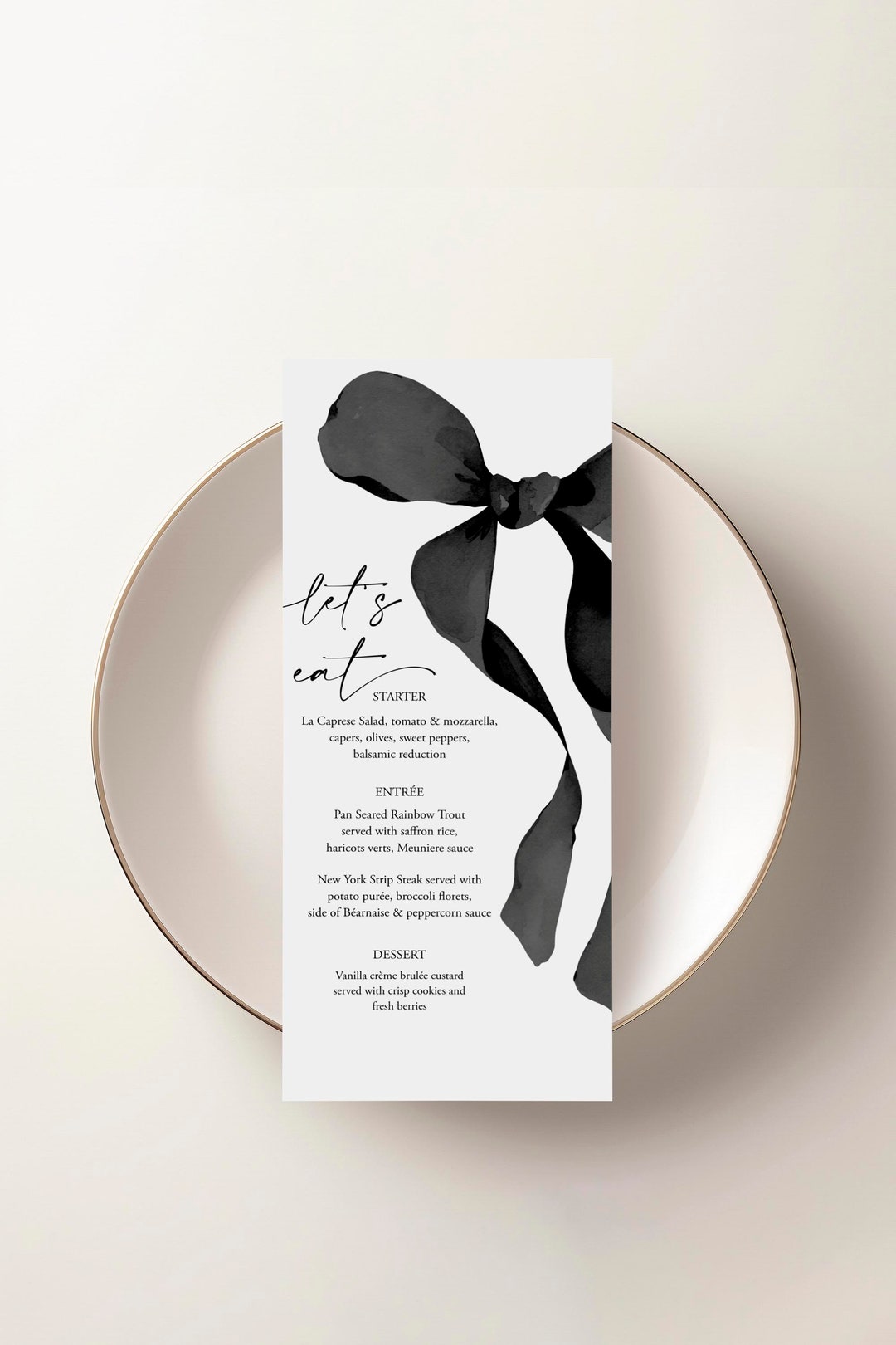 Bow Menu Template Ribbon Wedding Menu Card Black Bow Menu Slim Menu ...