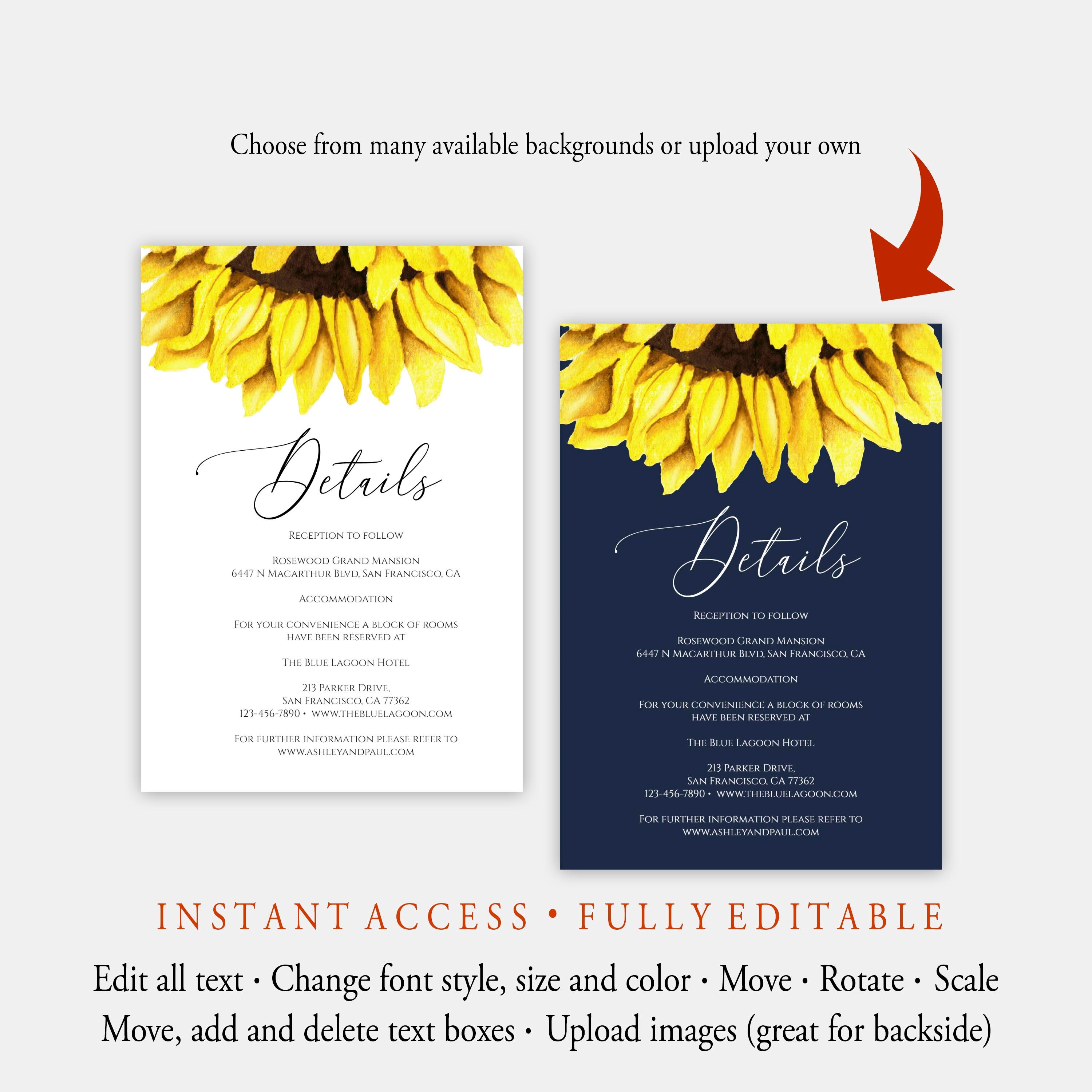 Sunflower Wedding Invitation Template 5 Piece Set Editable | Etsy