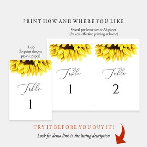Sunflower Table Number Template, Instant Download, Editable Table ...