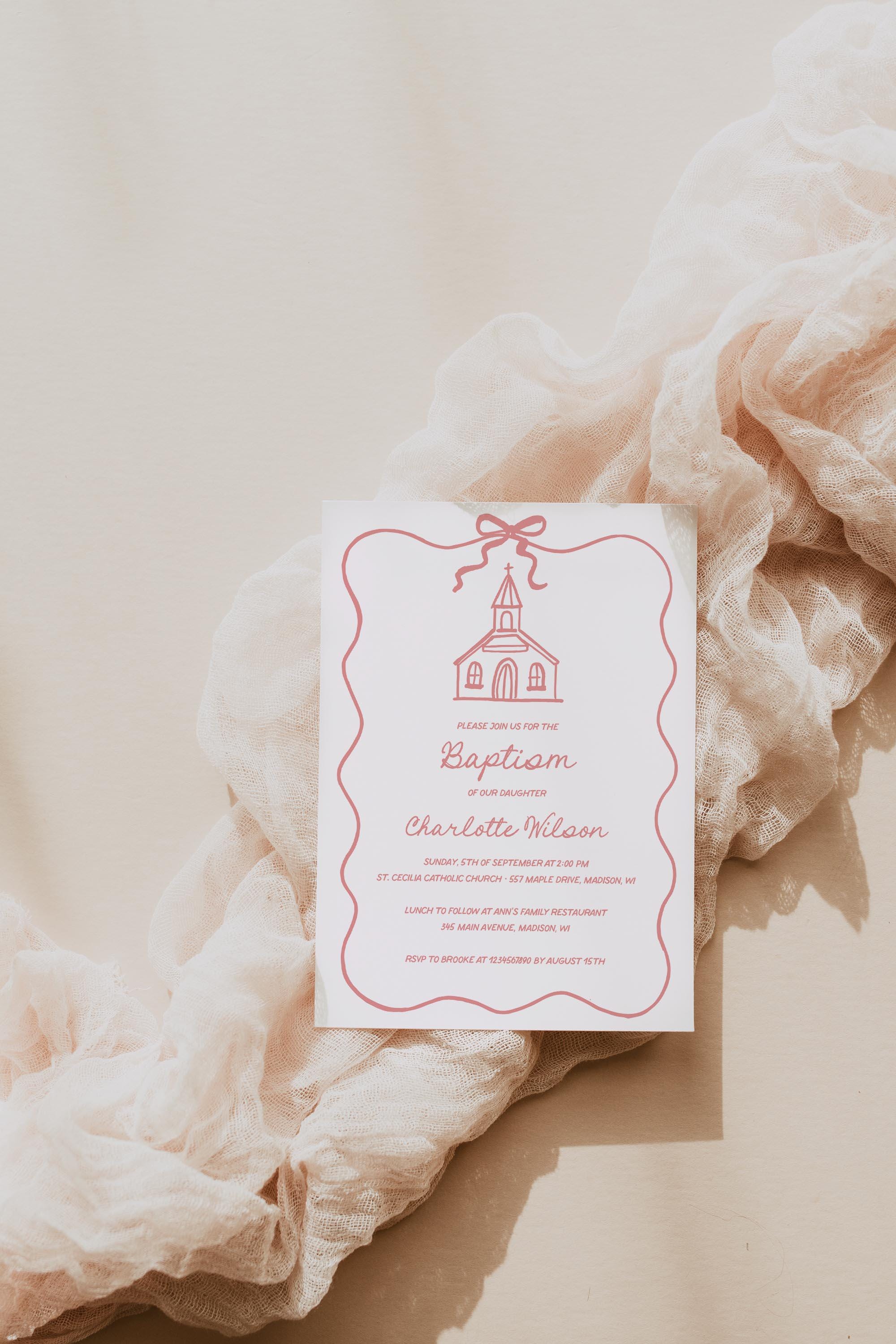 Girl Baptism Invitation Template Wavy Border Christening Invitation ...
