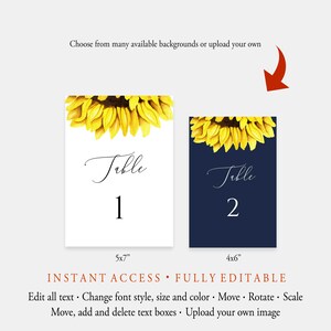 Sunflower Table Number Template, Instant Download, Editable Table ...