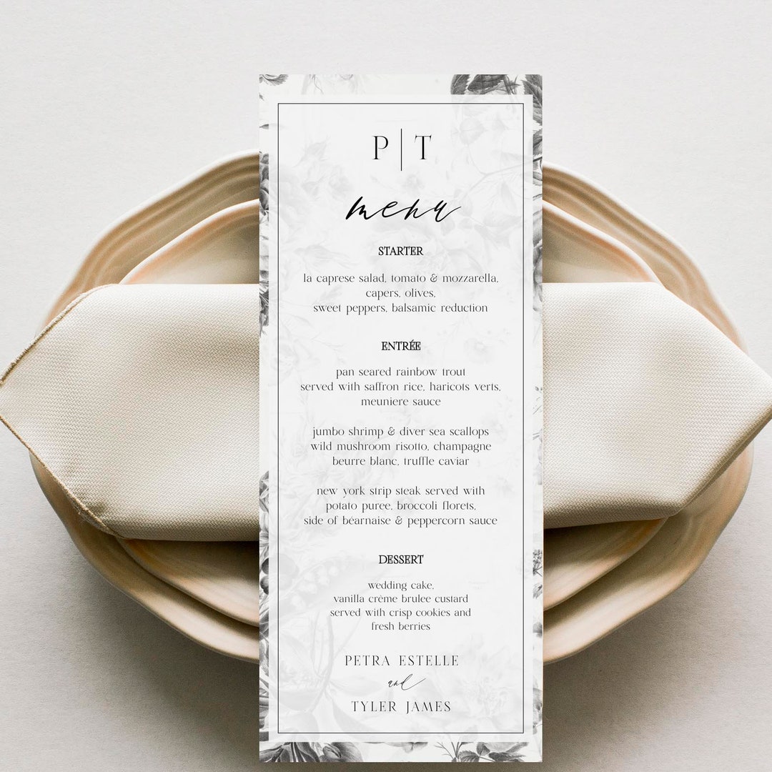 Elegant Menu Template, Monogram Wedding Menu Cards, Formal Wedding Menu ...