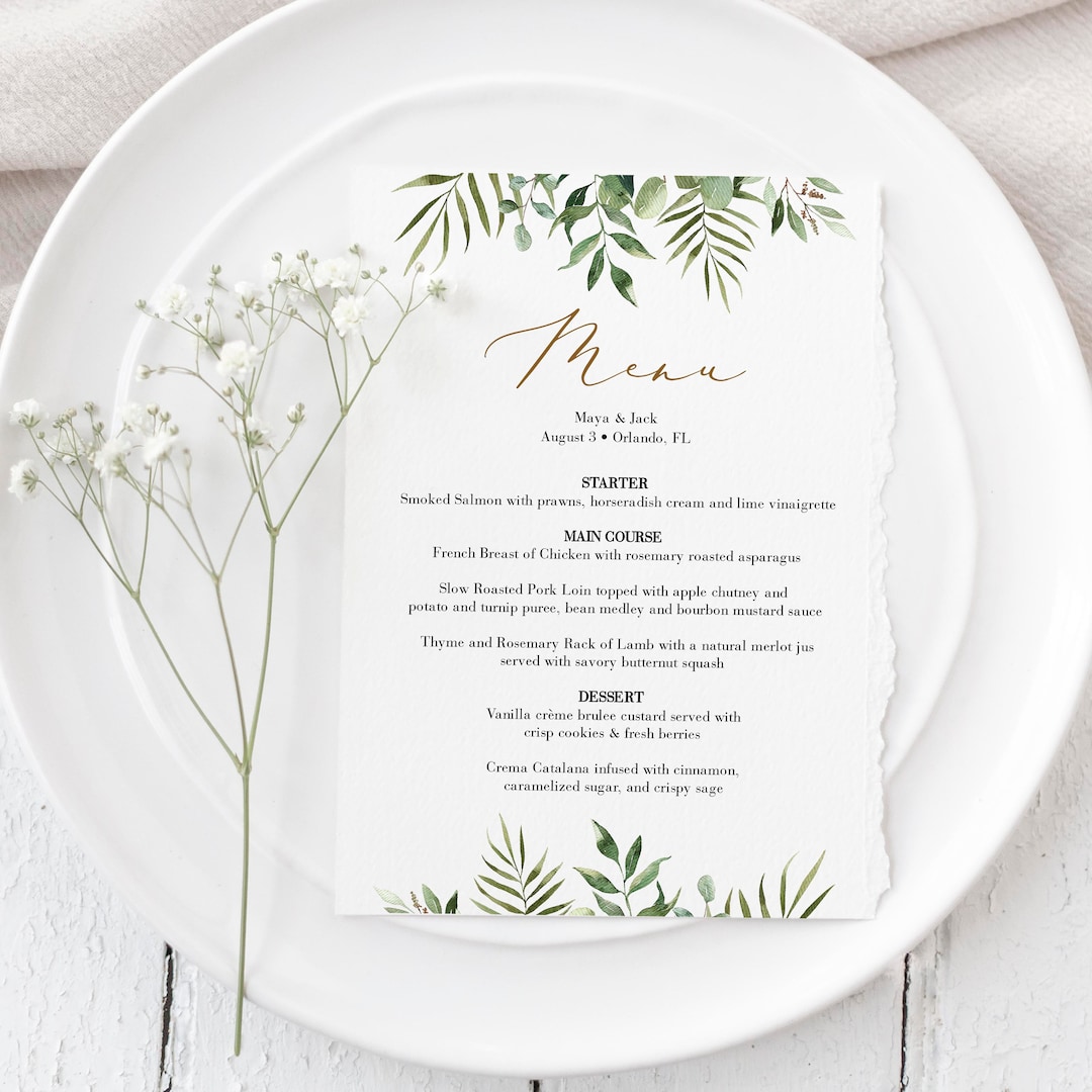 Greenery Menu Template, Instant Download, Editable Wedding Menu Cards ...