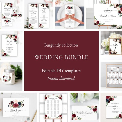 BURGUNDY Wedding Template Suite Printable Boho Floral - Etsy