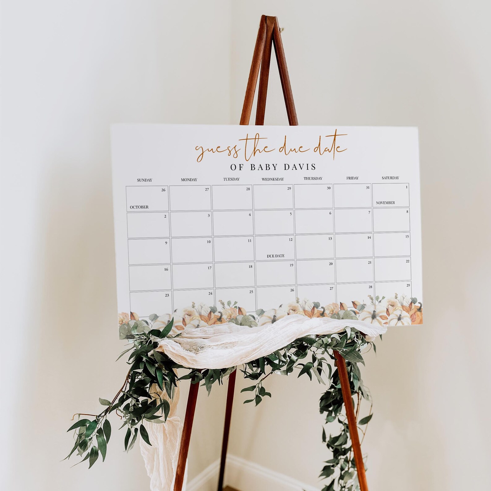 Fall Due Date Calendar Pumpkin Guess the Baby Arrival Date Gender ...
