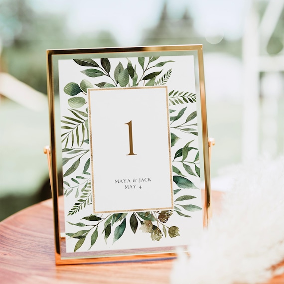 Green and Gold Wedding Table Number Template Editable - Etsy