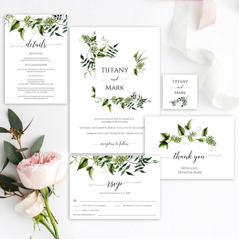 Greenery Wedding Invitation Suite Fully Editable Invitation | Etsy