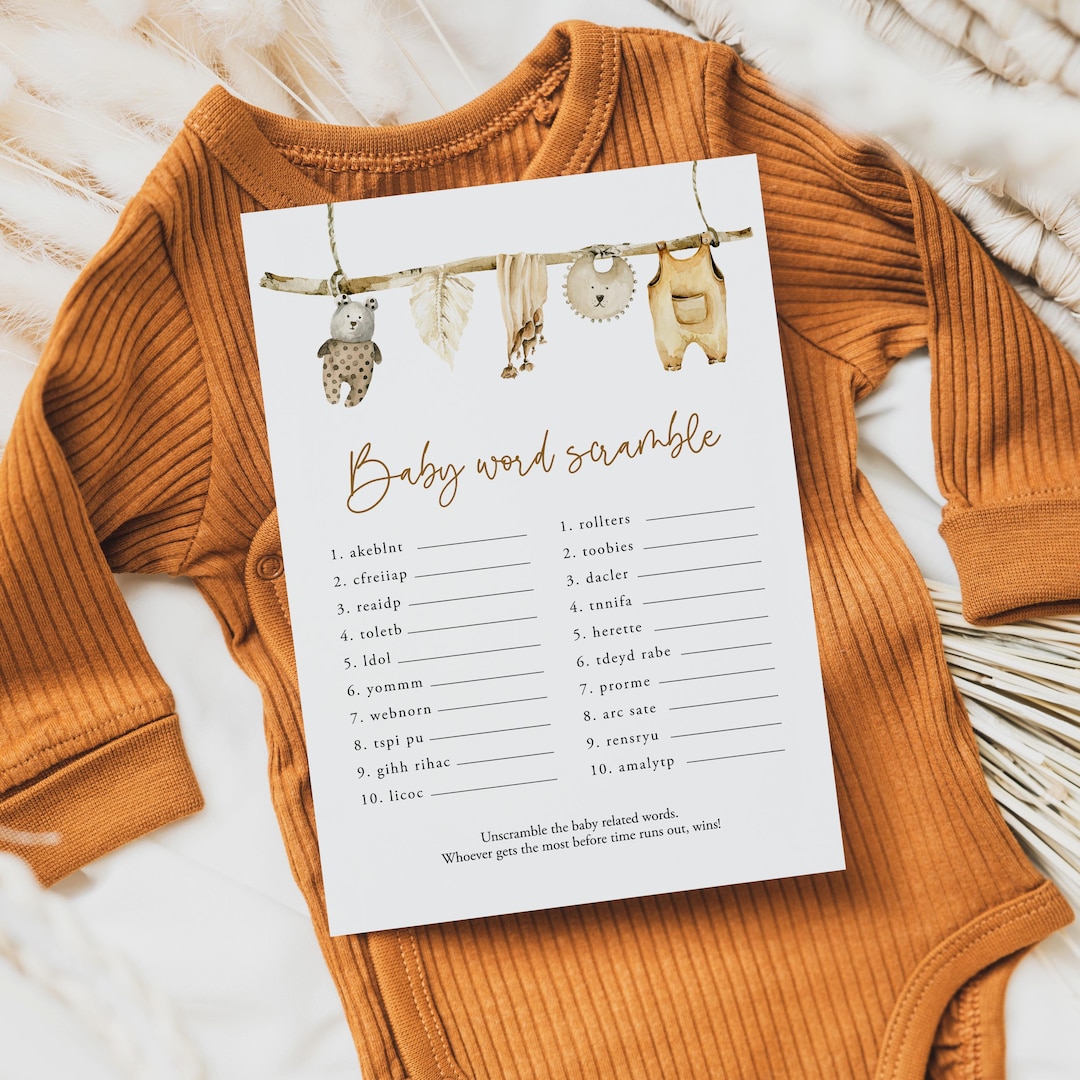 Baby Word Scramble Game Template Hanging Clothes Boy Baby Shower Game ...
