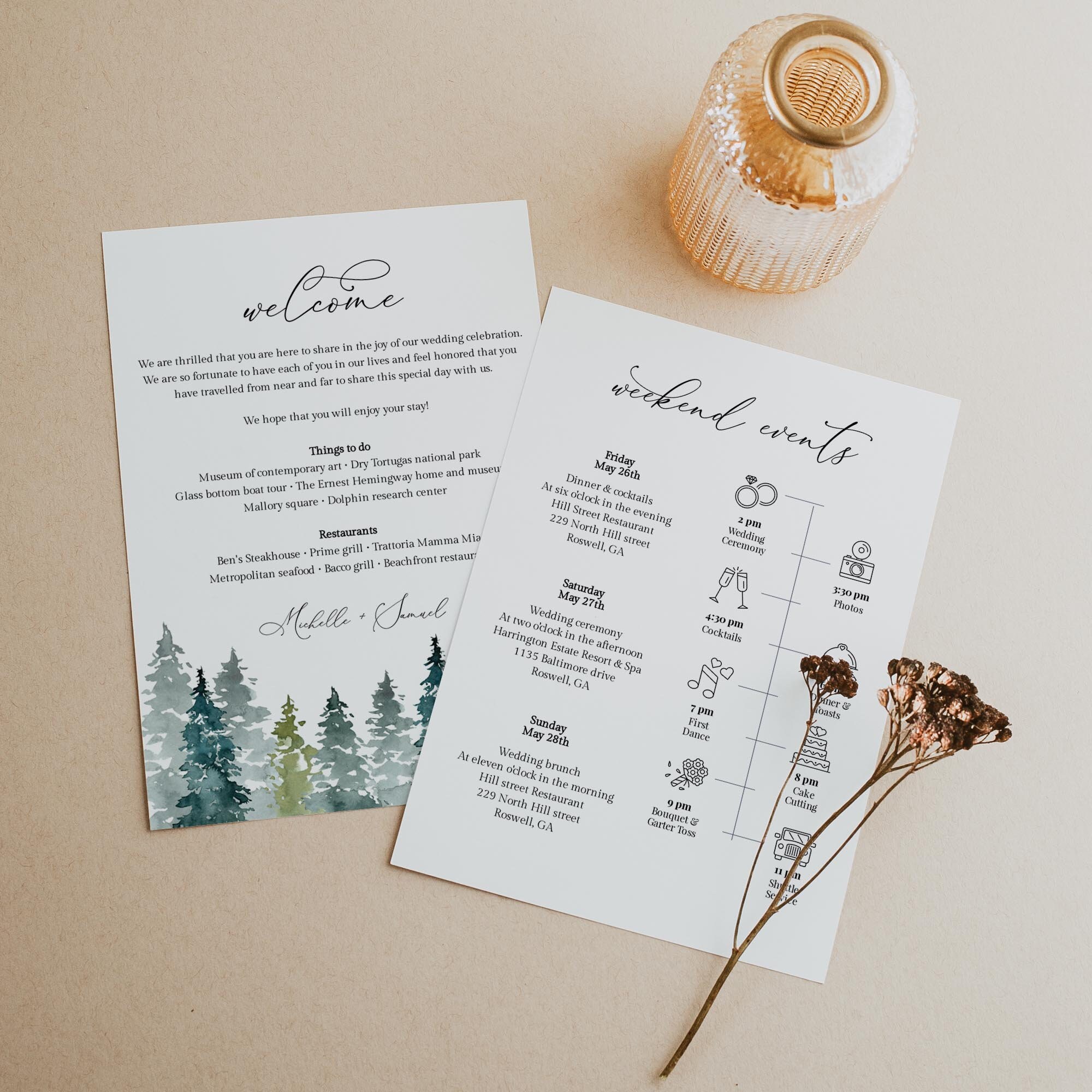 Forest Welcome Letter Pine Tree Wedding Itinerary Printable | Etsy