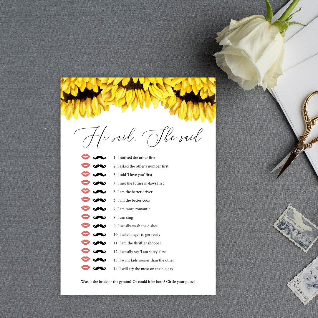 Editable He Said She Said Template, Sunflower Bridal Shower Game ...