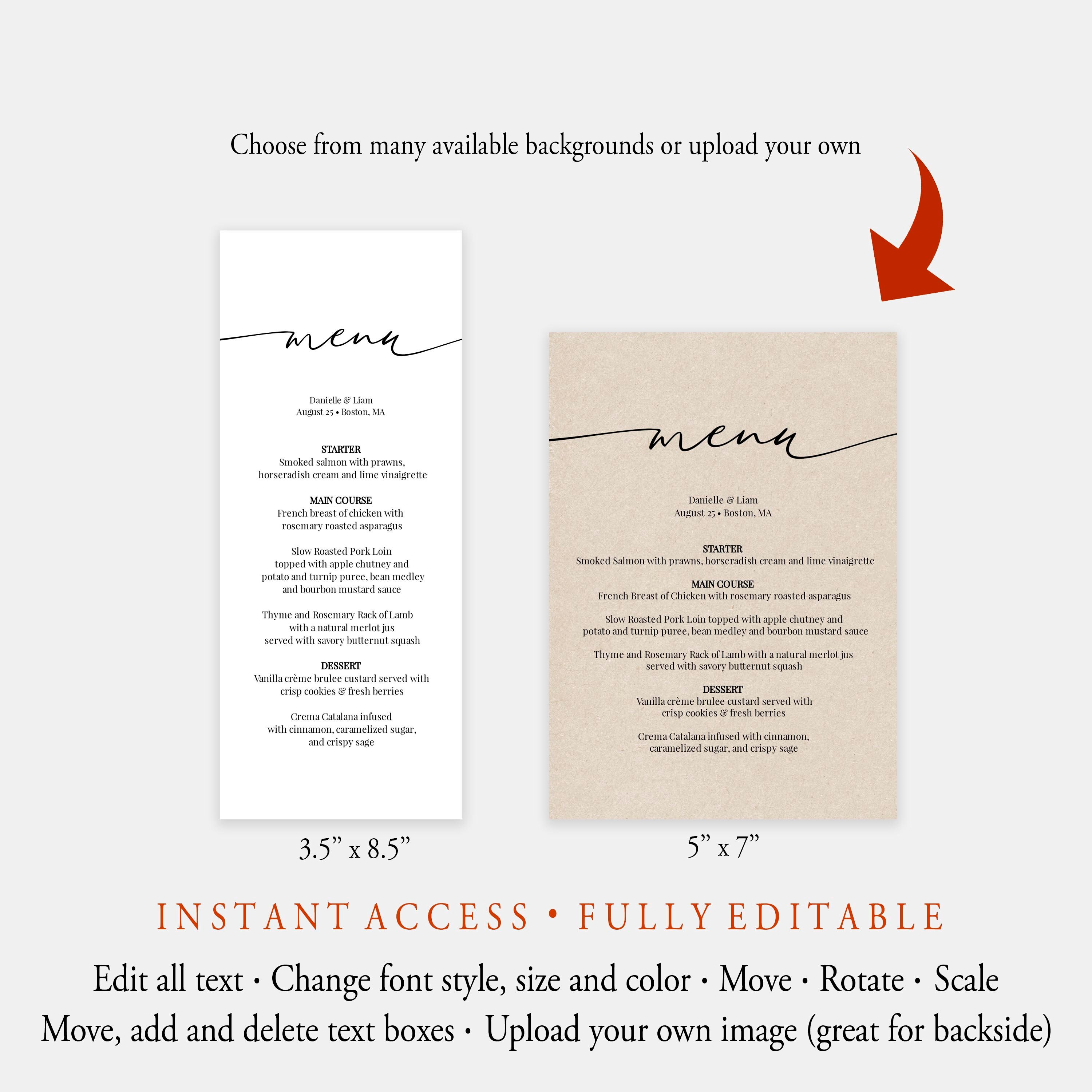 Minimalist Menu Template Editable Wedding Menu Cards Modern - Etsy