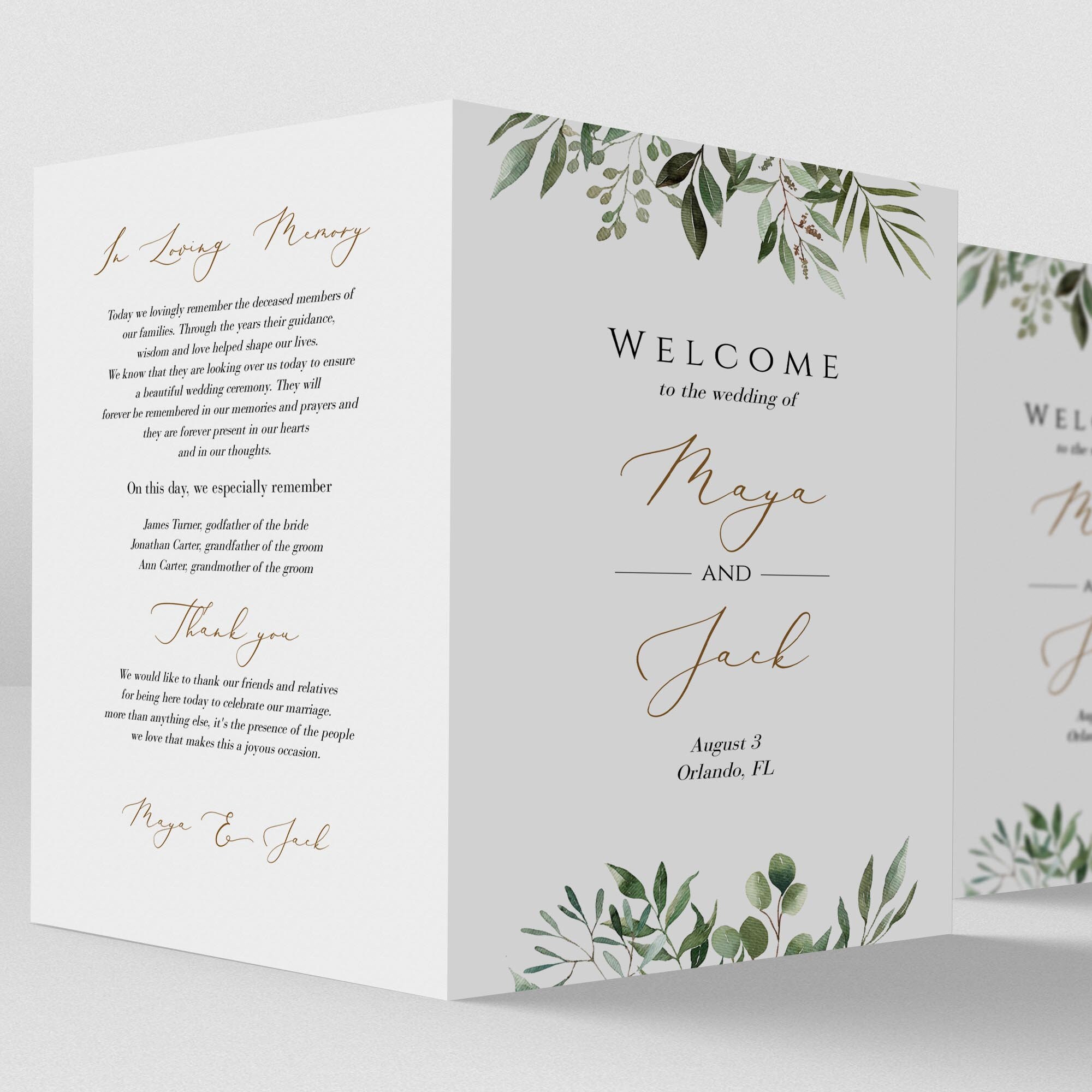Greenery Folded Wedding Program Template Editable Folded - Etsy
